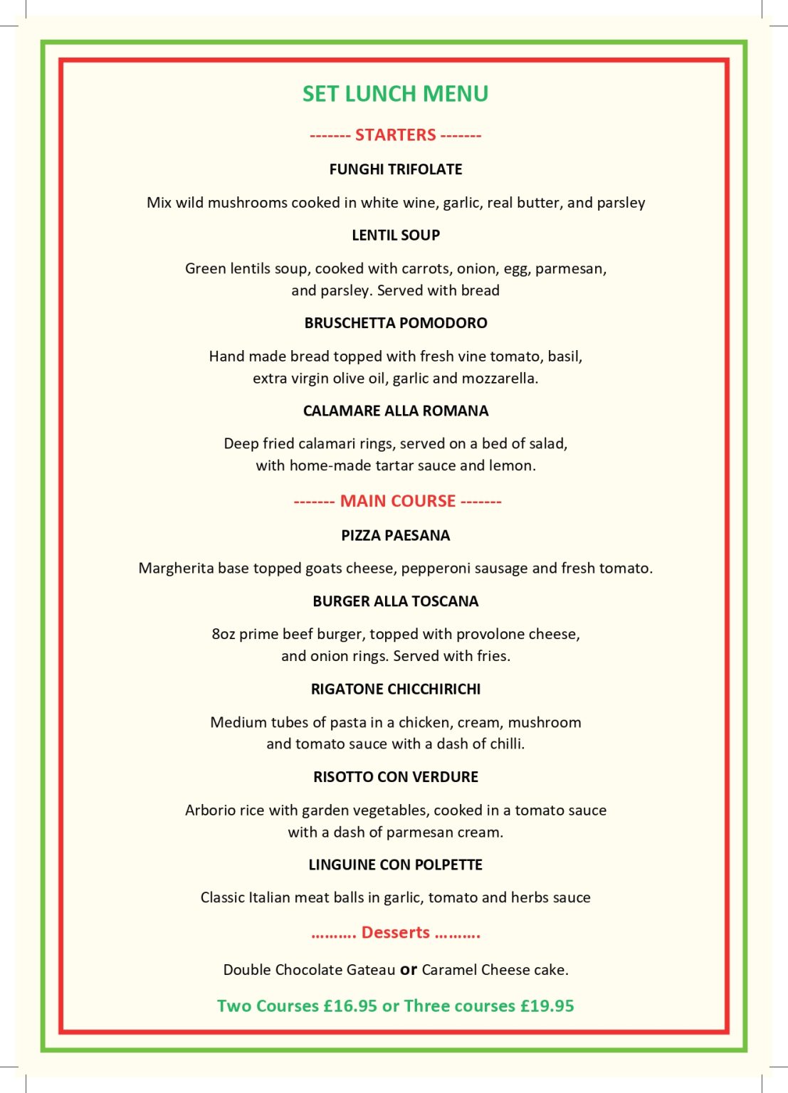 Lunch Special - Cafe Roberto - town centre - party bookings